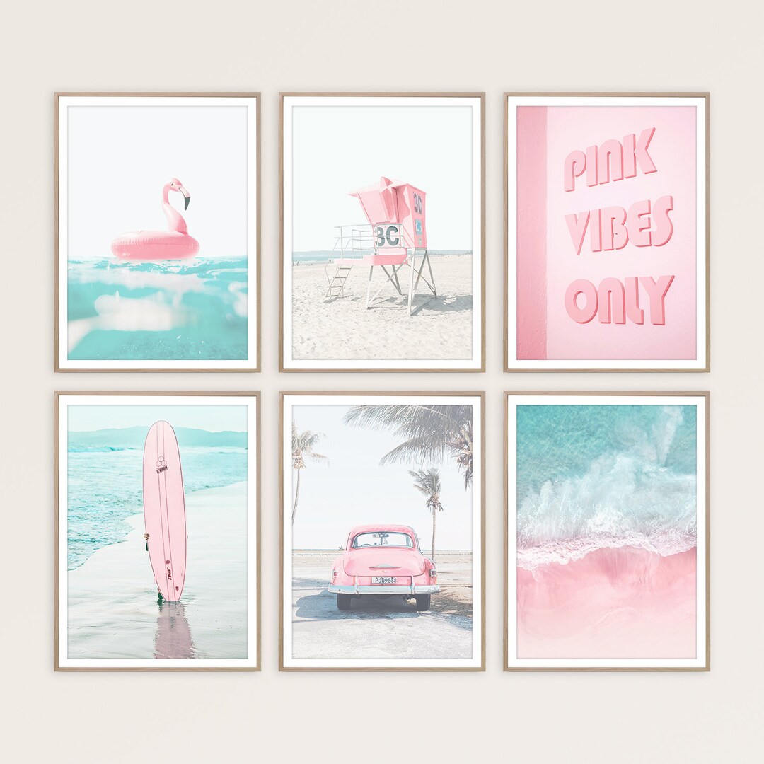 Pink Gallery Wall Set of 6 Beach Prints Blush Pink Wall Decor Tropical ...
