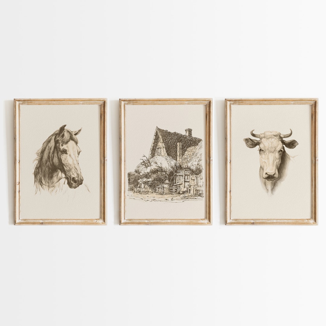 Vintage Farmhouse Prints Set of 3 Wall Art: Rustic Horse & Cow Art ...
