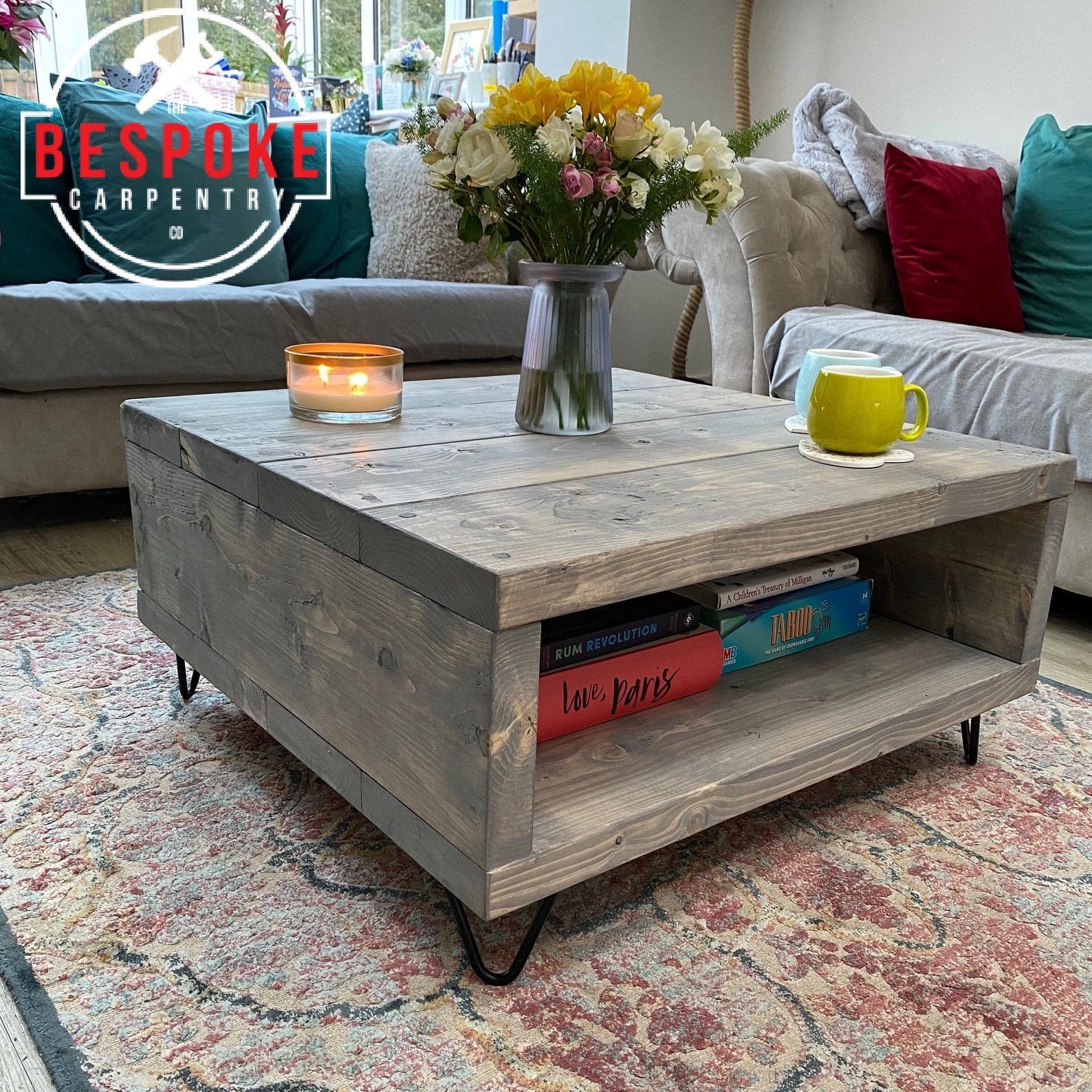 Reclaimed Square Coffee Table With Storage & Industrial Hairpin Legs ...