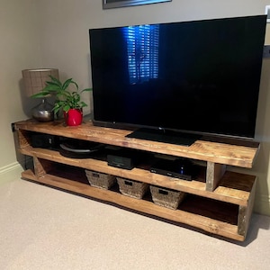 Reclaimed TV Stand Solid Wood Console Media Chunky Rustic Oak Wooden ...