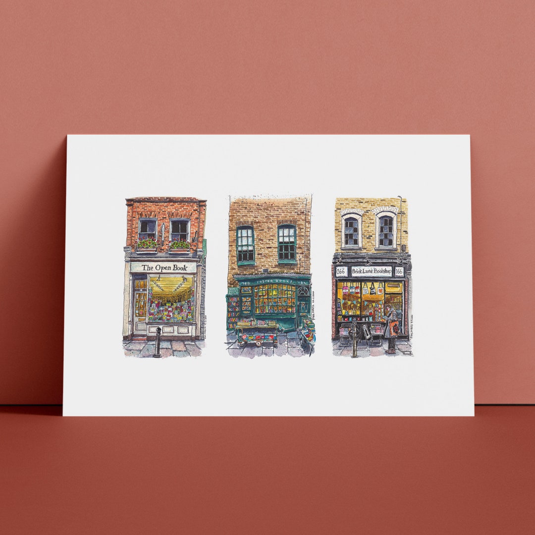London Bookshops Collection Ink & Watercolour Sketch Print by Phil ...