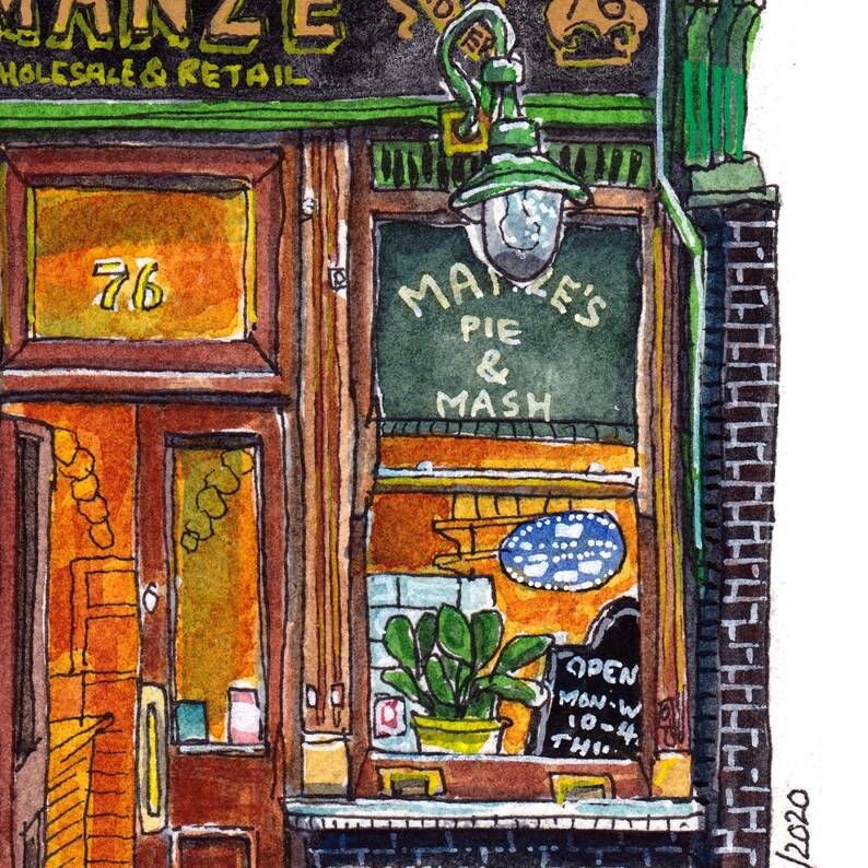 L Manze, Pie Mash Shop east London Ink & Watercolour Sketch Print by ...