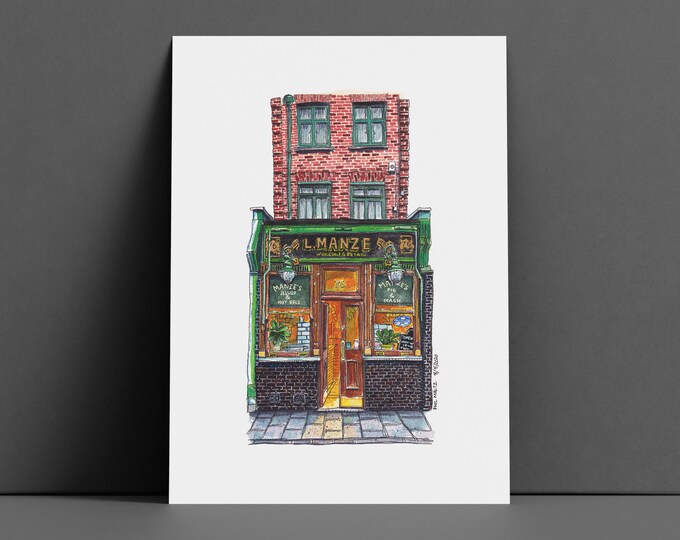 L Manze, Pie Mash Shop east London Ink & Watercolour Sketch Print by ...