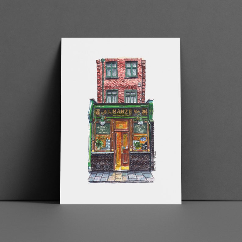 L Manze, Pie Mash Shop east London Ink & Watercolour Sketch Print by ...