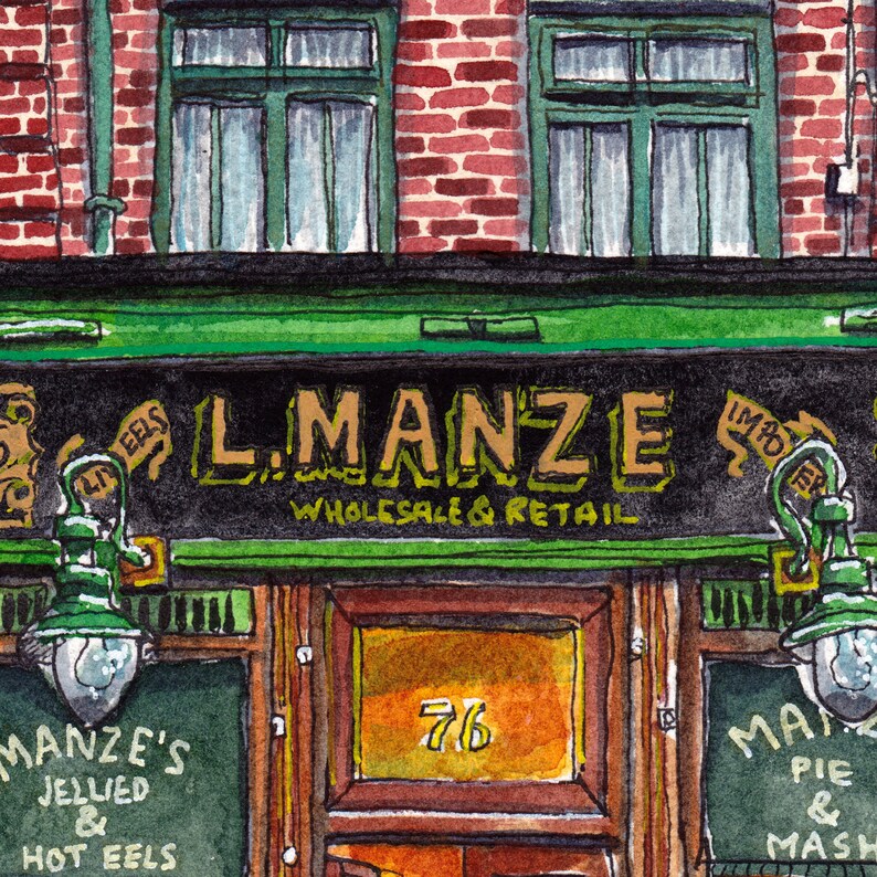 L Manze, Pie Mash Shop east London Ink & Watercolour Sketch Print by ...