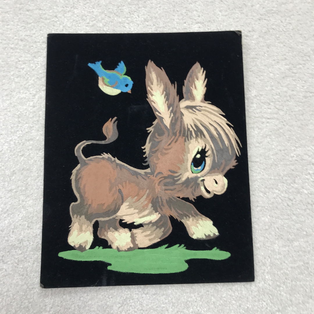 Vintage Velvet Picture Donkey Bird Hand Painted Anthropomorphic 70s MCM ...