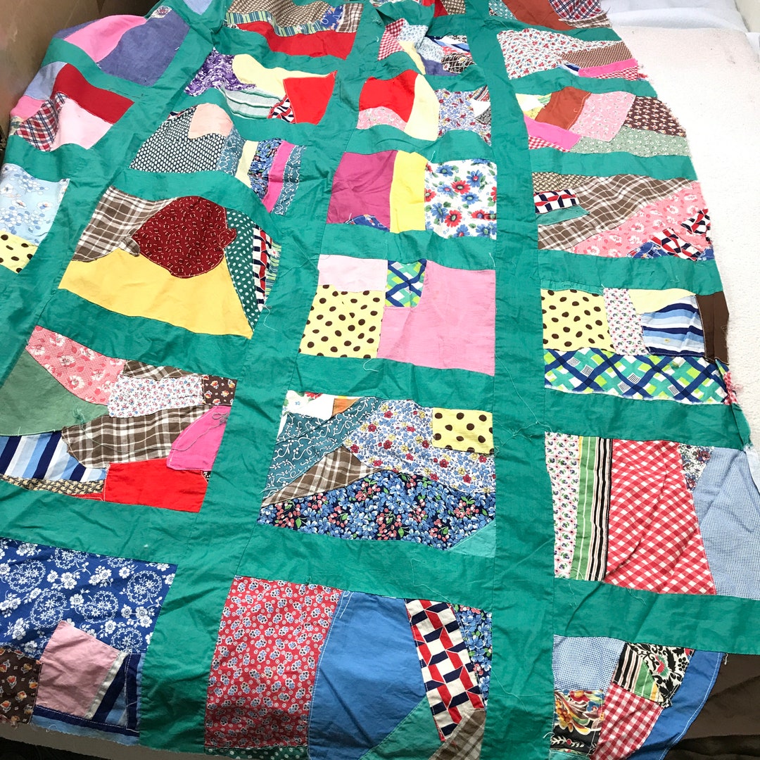 Vintage Quilt Top 77x71 UNFINISHED Patchwork Block Shabby Boho Hippie ...