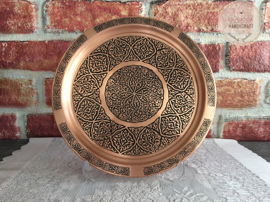 10 " Decorative Copper Tray With Stand , Engraved Turkish Copper ...