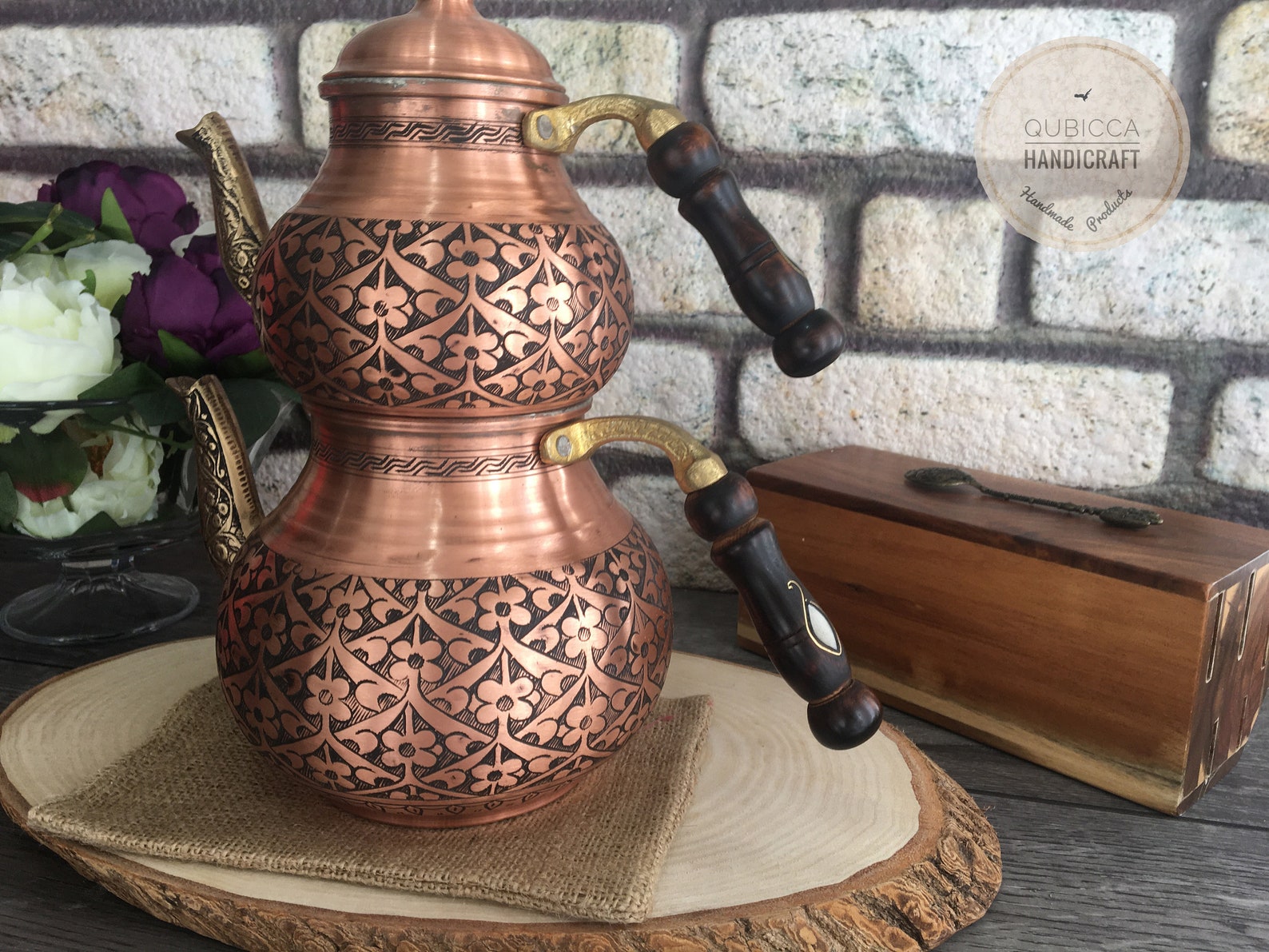 Traditional Turkish Copper Teapot With Wooden Handle Copper - Etsy
