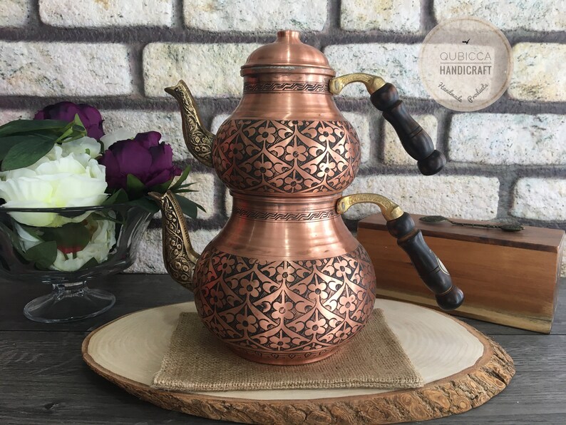 Traditional Turkish Copper Teapot With Wooden Handle Copper - Etsy