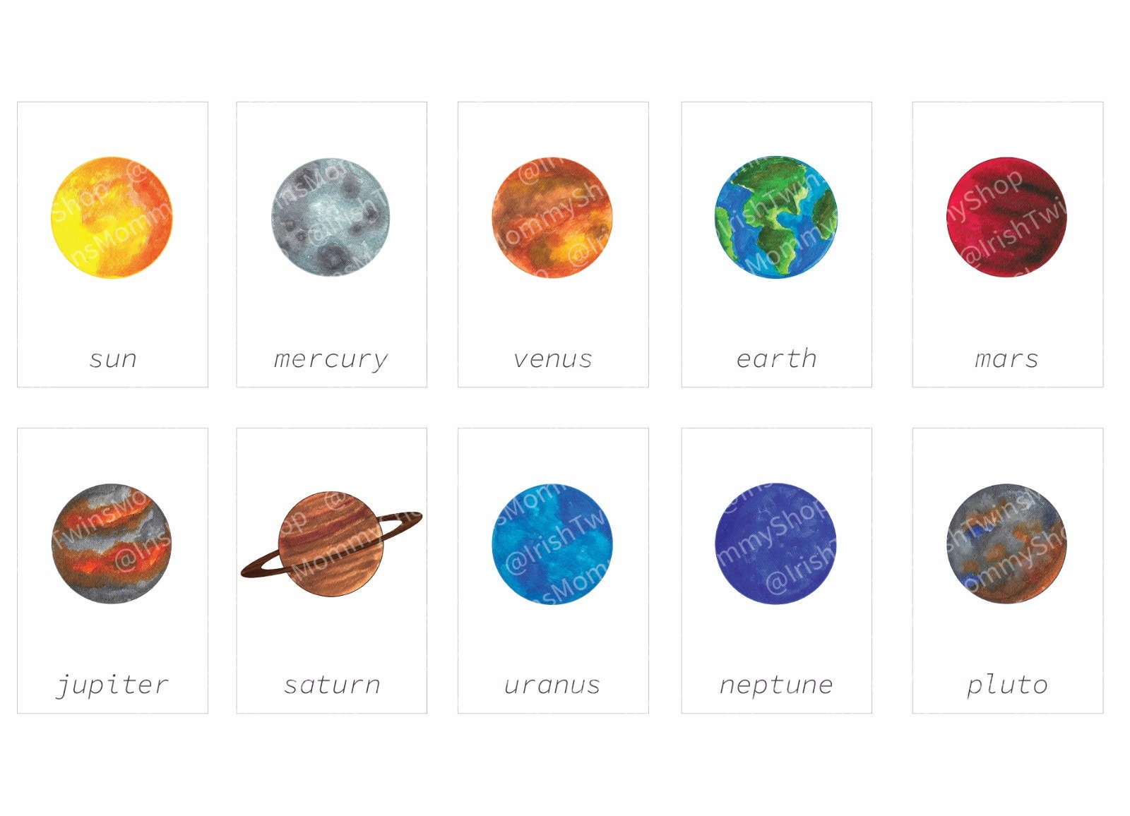 Hand Painted Watercolor Planets Flash Cards - Etsy