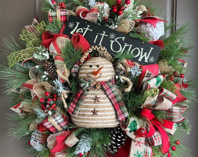 Let It Snow Snowman Winter Wreath for Front Porch, Evergreen Country ...