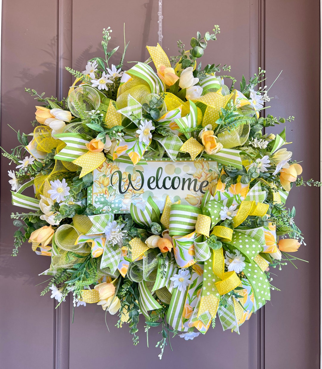 Floral Welcome Wreath for Front Door, Yellow Tulip Decor, Everyday ...
