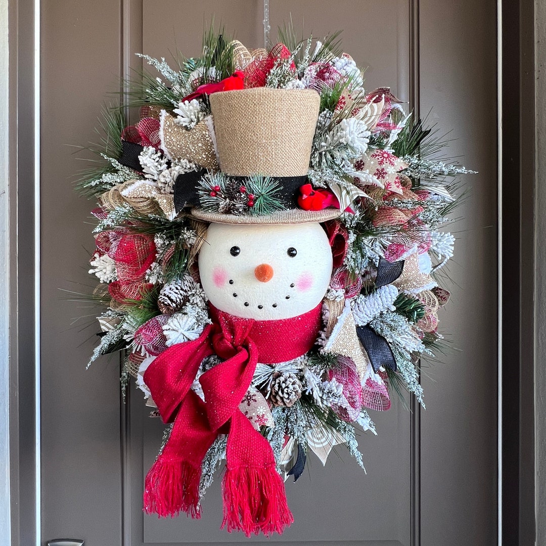 Winter Burlap Snowman Wreath for Front Porch, Rustic Winter Snowman ...