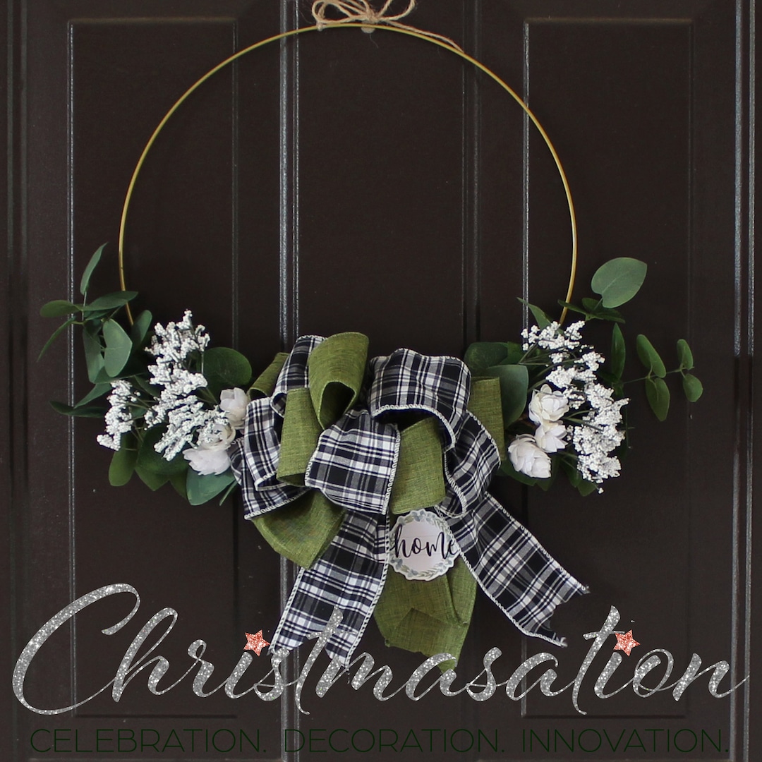 Eucalyptus Baby's Breath Cream Hops Black Plaid Bow Floral Hoop Wreath ...