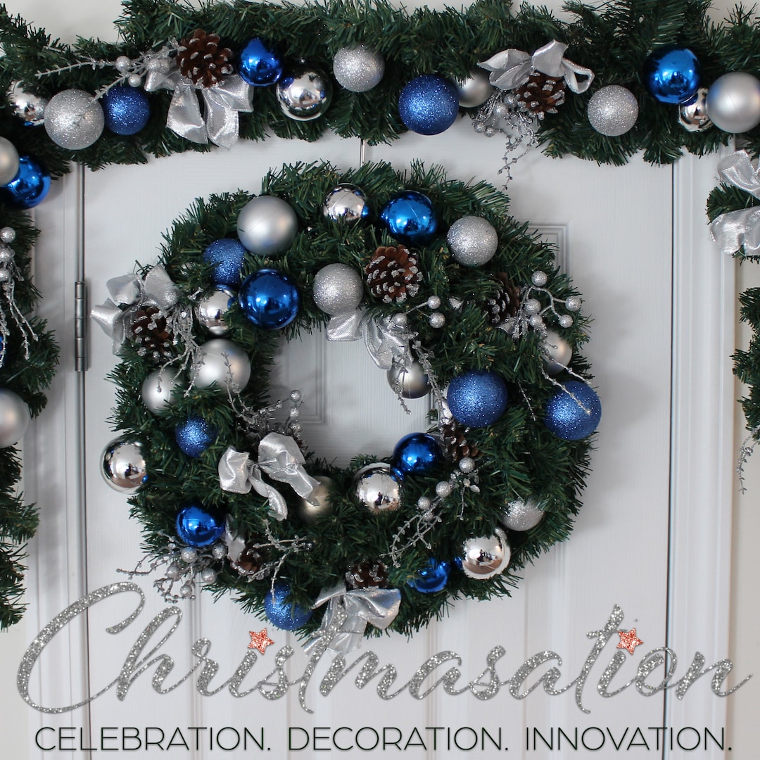 Icy Blue Christmas Wreath and Garland Set: Shatterproof Ornaments ...