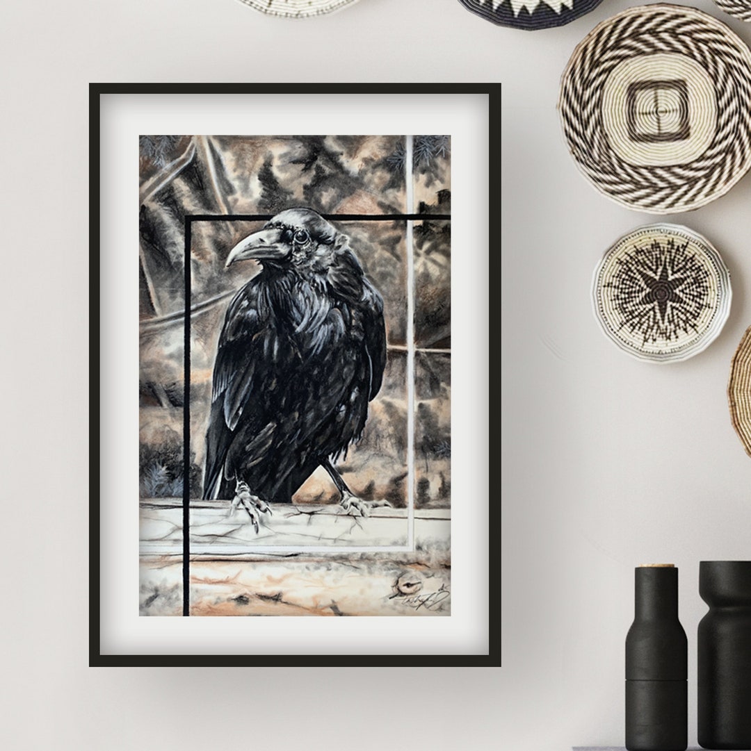 Black Raven on Log ORIGINAL Wildlife Western Charcoal Wall Decor Gift ...
