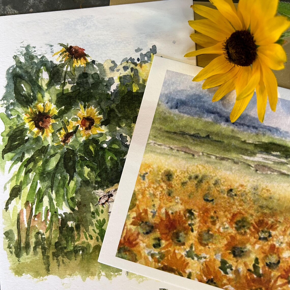 Sunflowers and Bees in the Garden Watercolor Print - Etsy