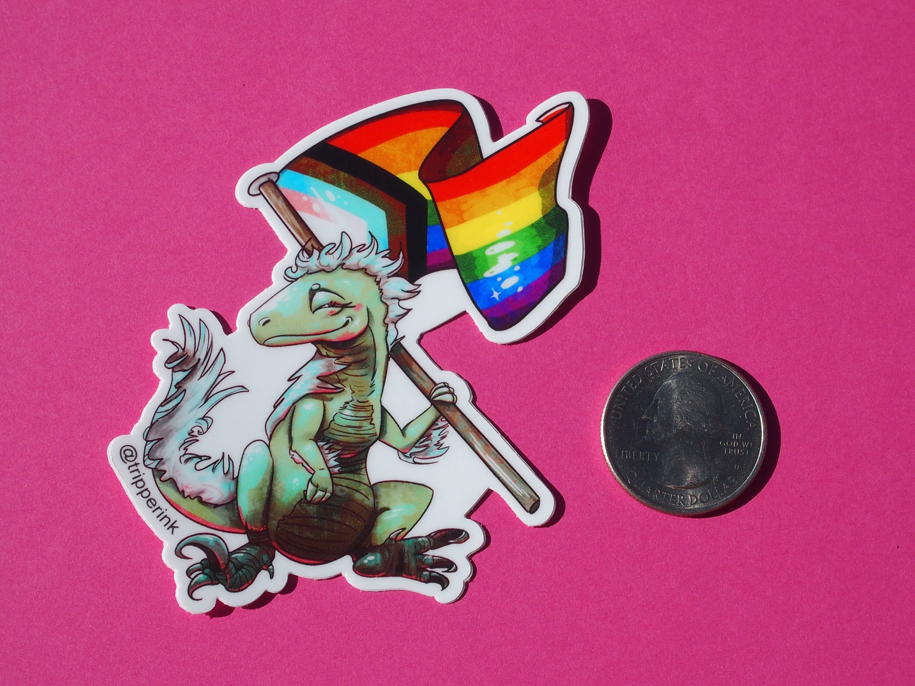 Dinosaur holding a gay pride flag sticker — Crooked Stickers
