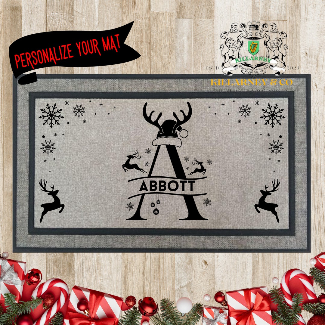 Personalized Santa Hat Reindeer Christmas Doormat- Holiday Mat ...