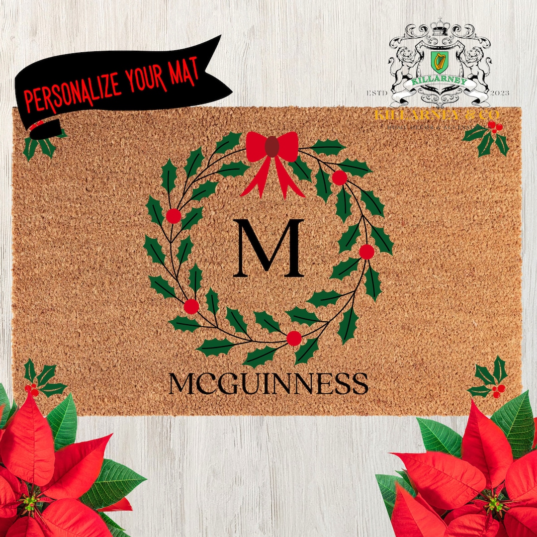 Personalized Christmas Wreath Doormat- Holiday Mat- Christmas Door ...