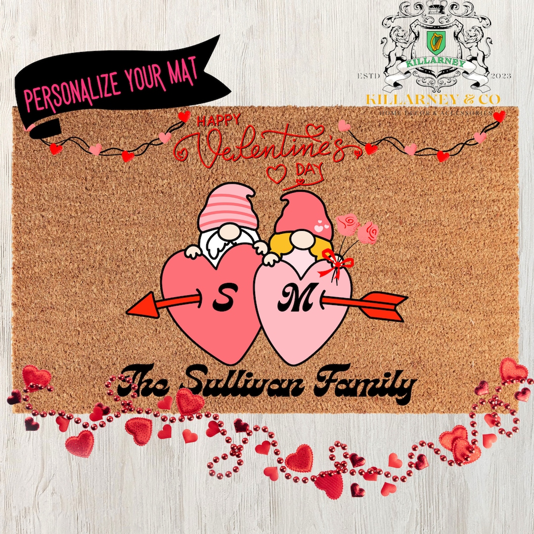 Personalized Happy Valentines Day Pink Gnome Doormat, Valentines Day ...