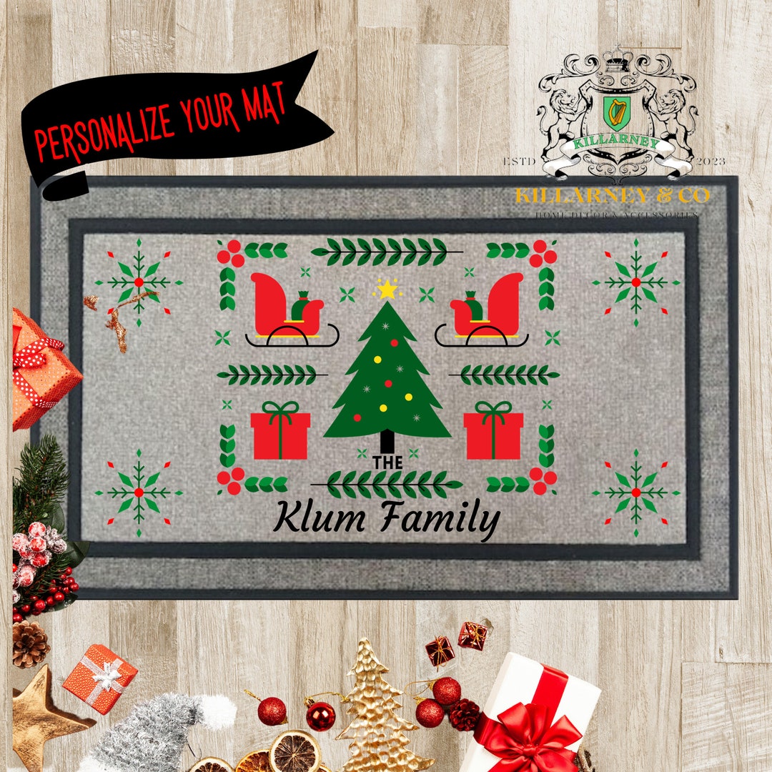 Personalized Christmas Tree Sleigh Fair Isle Mat- Holiday Mat ...