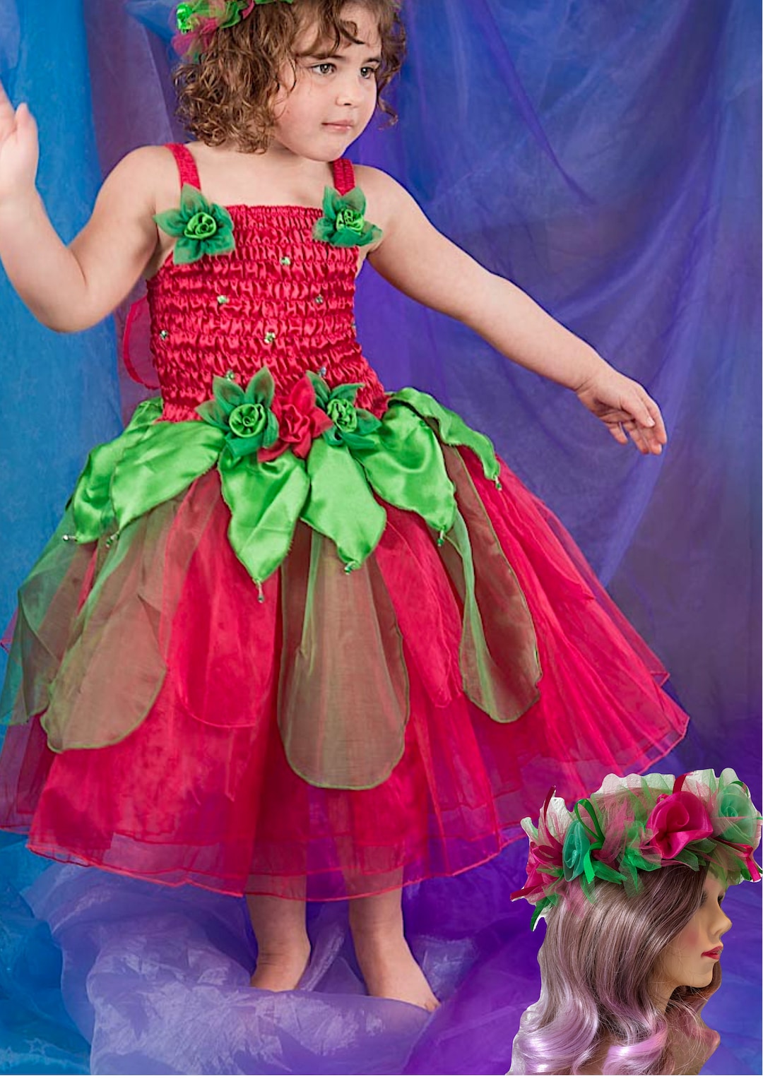 Girls Fairy Dress Costume Kids Fairy Dress Rose Petal & Free Matching ...