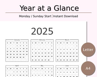 Year at a Glance - 2025 | Letter or A4 | Monday or Sunday Start ...