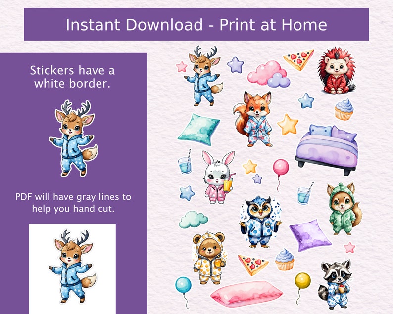 Woodland Pajama Party - Printable Sticker Sheet, Woodland Animals ...