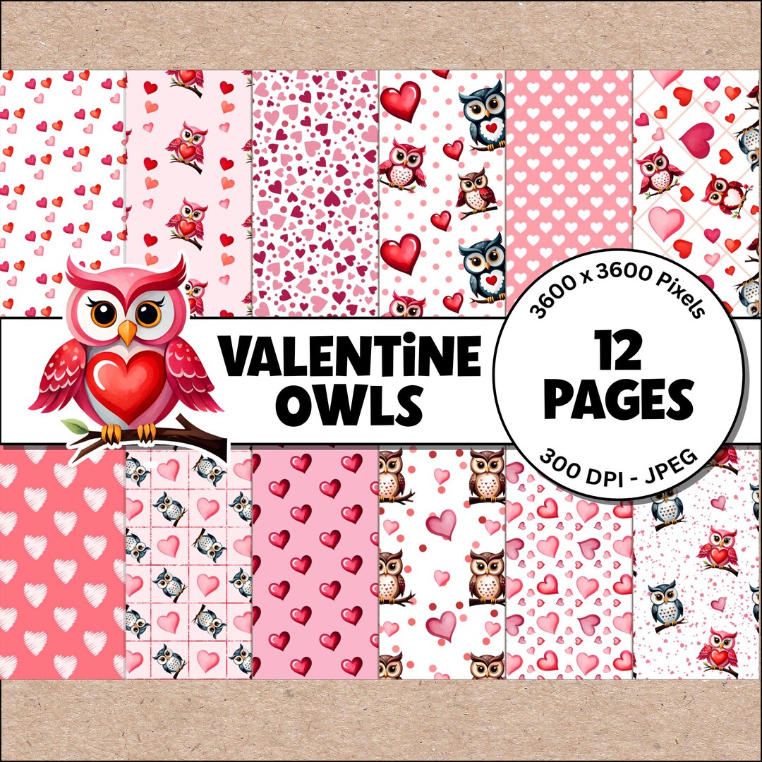 Valentine Owls 12x12 Printable Seamless Pattern Digital Scrapbook Craft ...