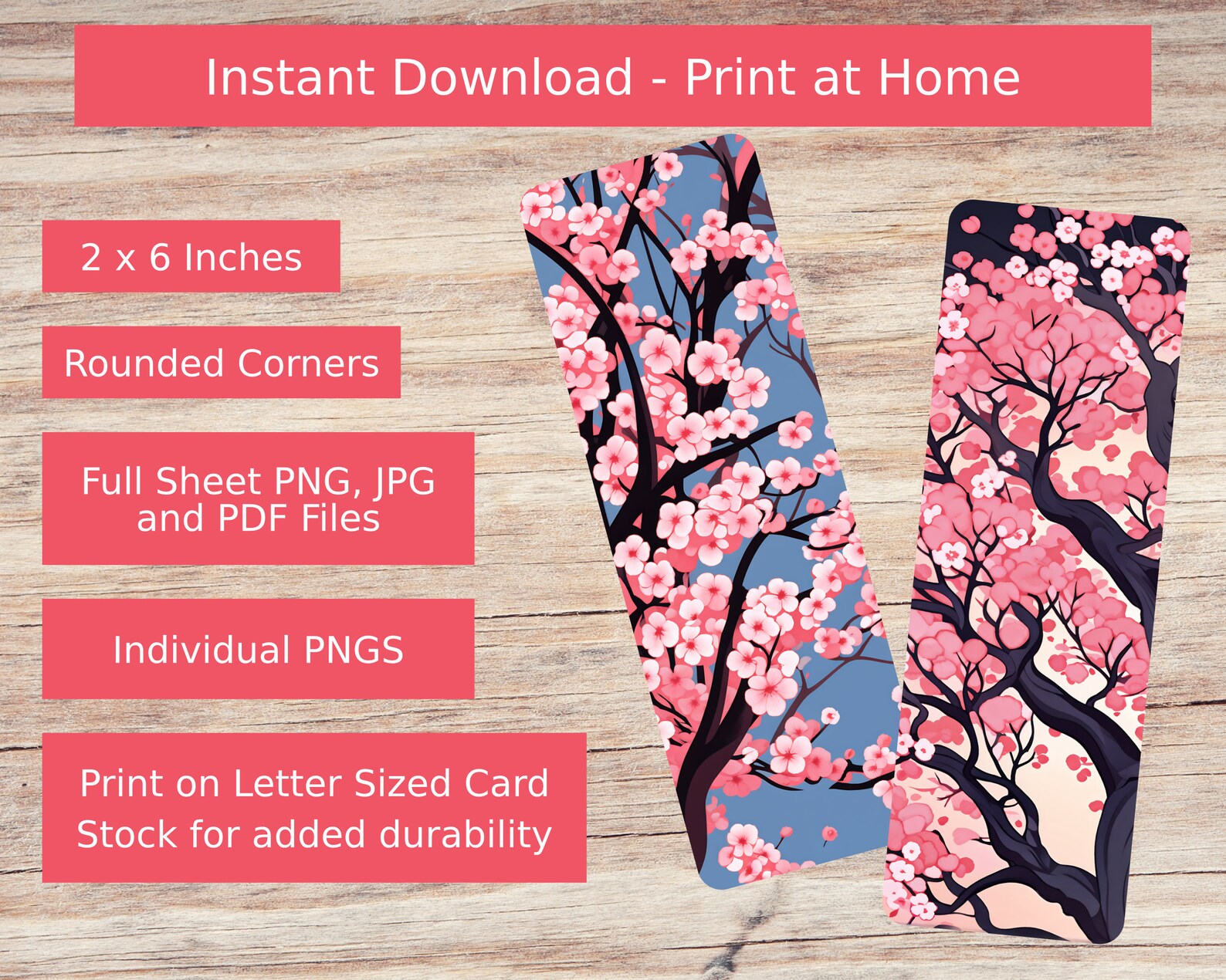Cherry Blossoms Printable Bookmarks 2x6 Instant Download 4 Bookmark Set ...