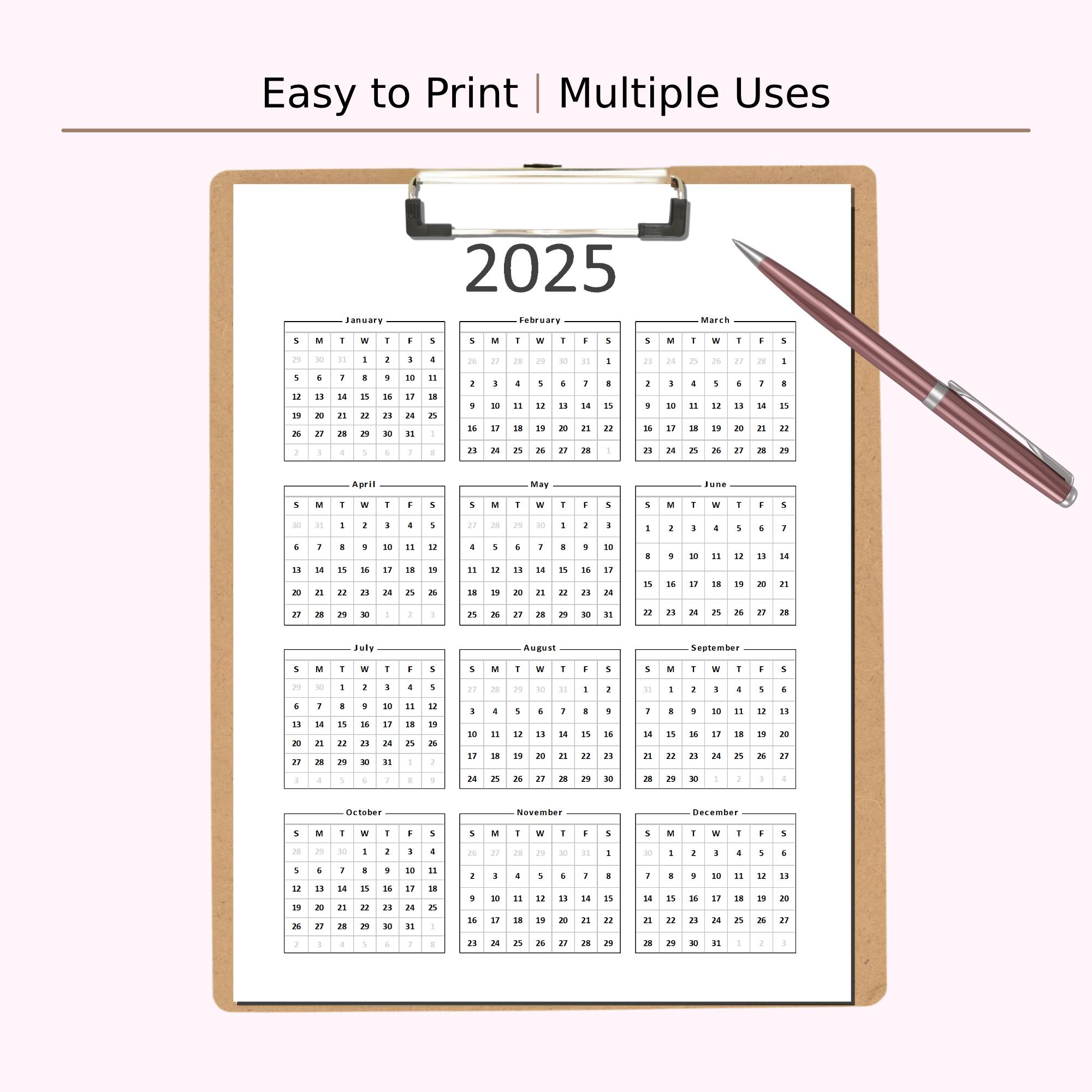 Year at a Glance - 2025 | Letter or A4 | Monday or Sunday Start ...