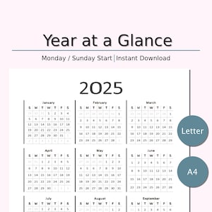 Year at a Glance - 2025 | Letter or A4 | Monday or Sunday Start ...