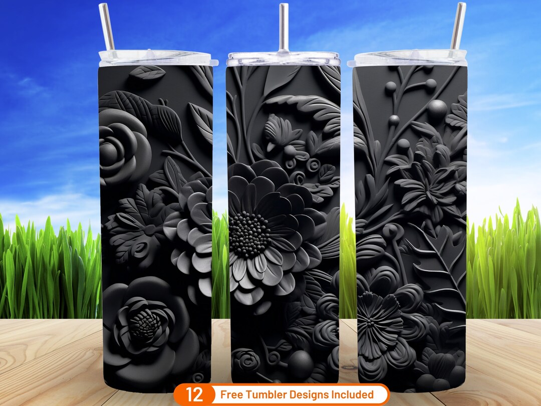 3D Black Flowers Clay Mold 20 Oz Skinny Tumbler Sublimation Design ...