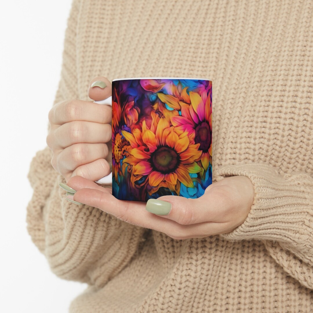 Alcohol Ink Sunflowers Mug Sublimation Design Digital Download PNG Neon ...