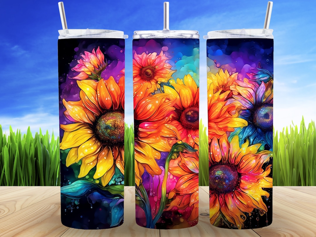 Alcohol Ink Sunflowers 20 Oz Skinny Tumbler Neon Rainbow Sublimation ...