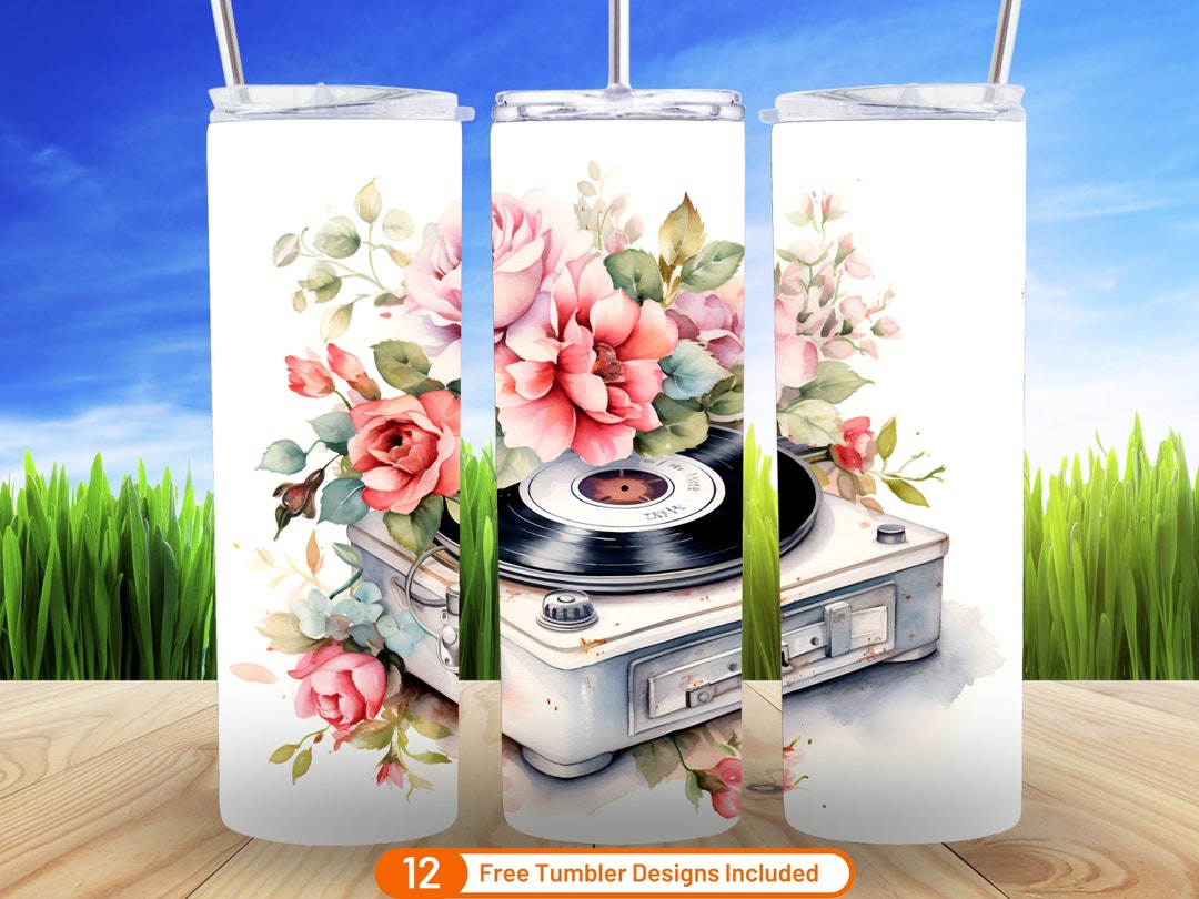 Retro Turntable Floral Art Tumbler Wrap 20 Oz Skinny Tumbler ...