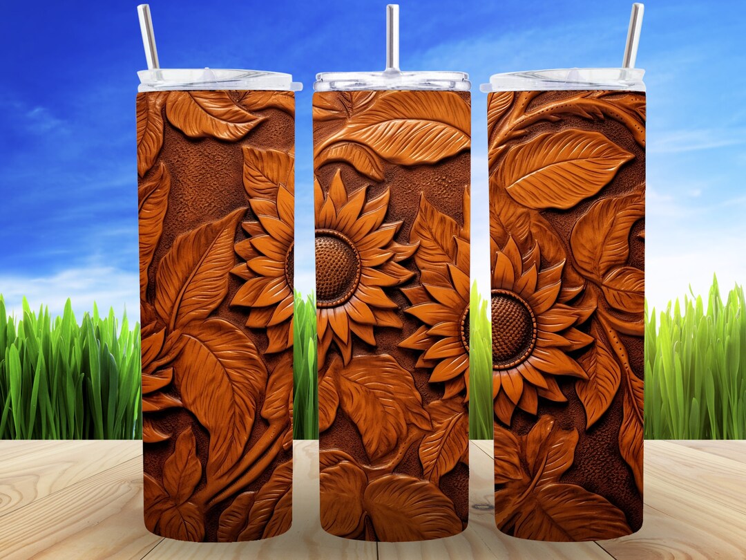Rustic Tooled Leather Sunflowers 20 Oz Skinny Tumbler Sublimation ...