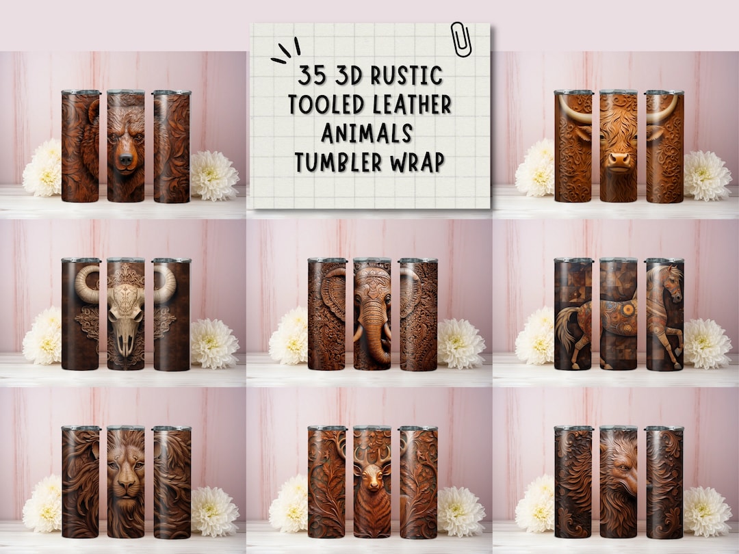 35 3D Rustic Tooled Leather Animals Warp Tumbler Bundle 20oz Skinny ...