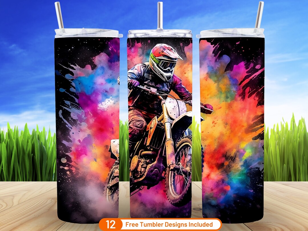 Alcohol Ink Dirt Bike Neon Rainbow 20 Oz Skinny Tumbler Sublimation ...
