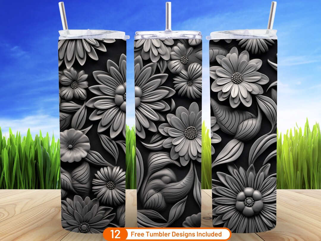 3D Embroidered Black Flowers 20 Oz Skinny Tumbler Sublimation Design ...