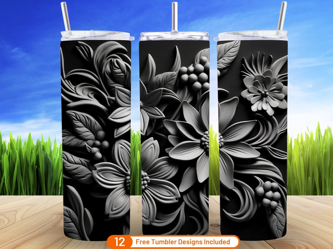 3D Embroidered Black Flowers 20 Oz Skinny Tumbler Sublimation Design ...