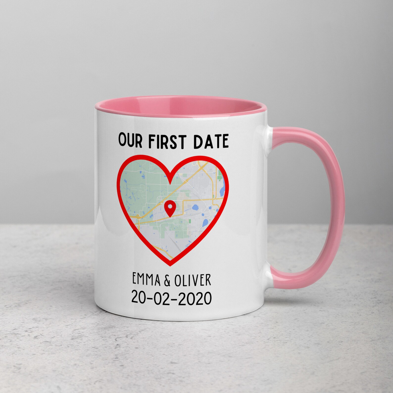 Our First Date Map Mug With Color Inside, First Anniversary Gift ...