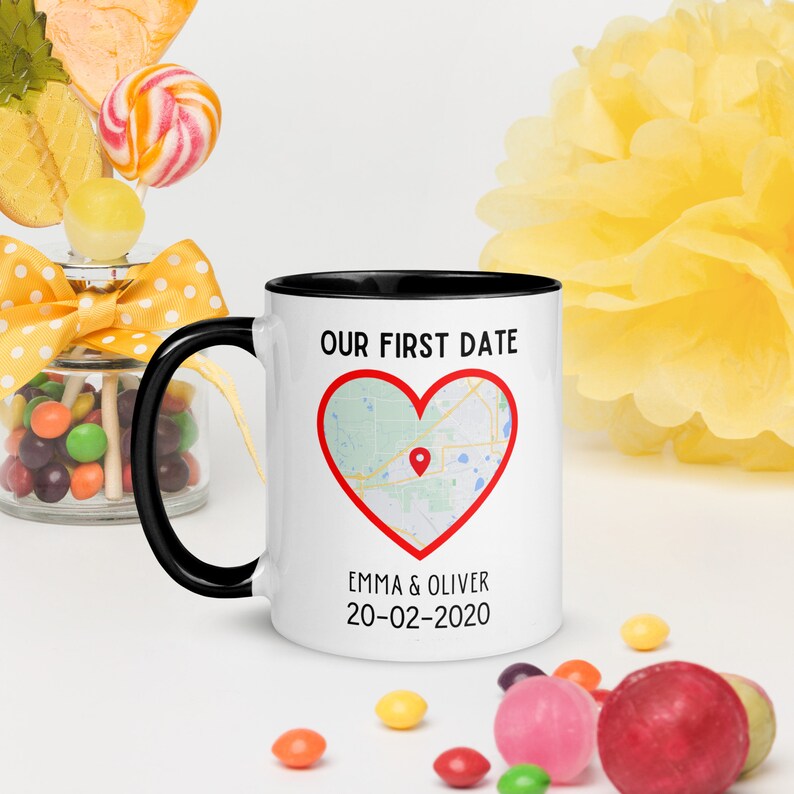Our First Date Map Mug With Color Inside, First Anniversary Gift ...