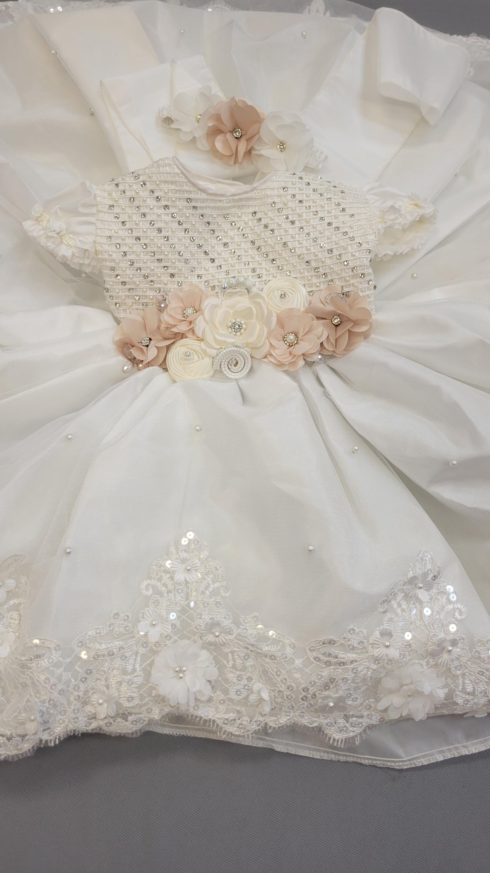 Ivory Christening Gown: Floral Embroidery, Pearls, Headband & Candle ...