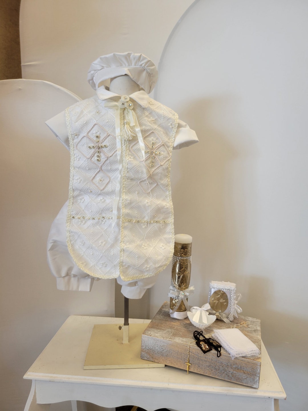 Boy Baptism Christening Outfit and Candle Set. Romper Gown Ropon, White ...