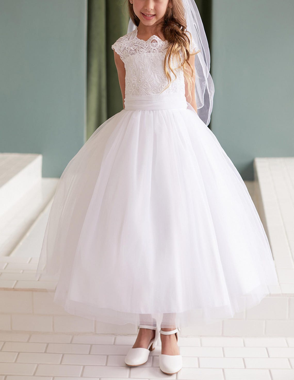 Lace Bodice First Communion Dress: White Pleated Sash, Satin Bow - Etsy