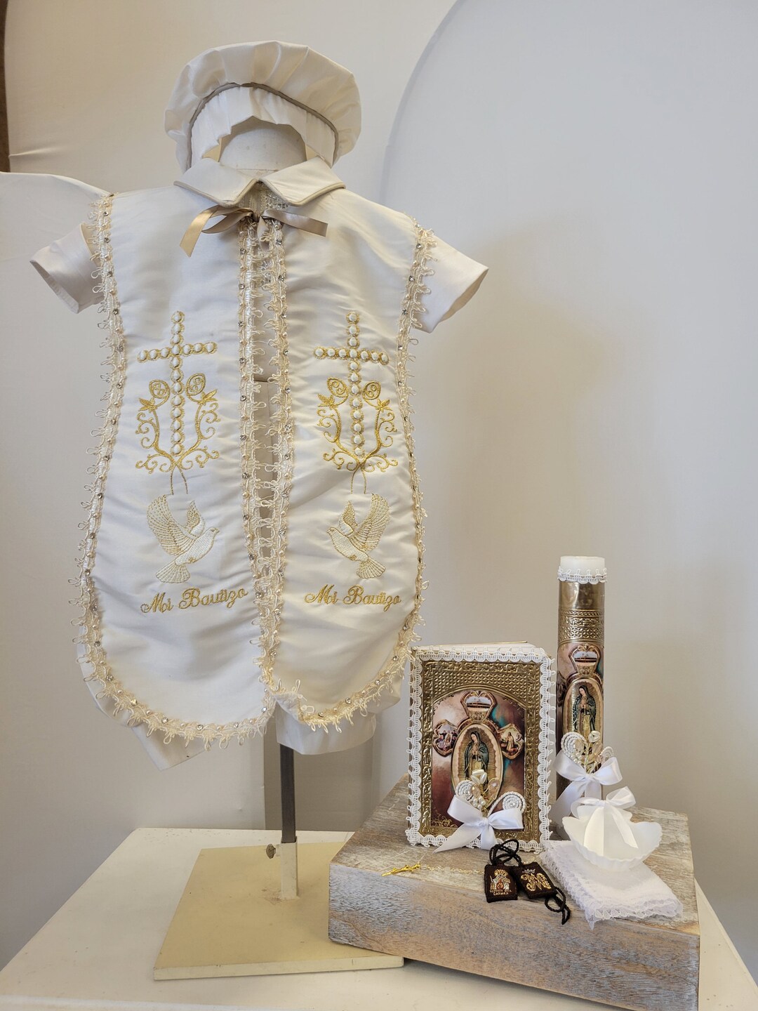 Boy Baptism Christening Outfit and Candle Set. Romper Gown Ropon, White ...