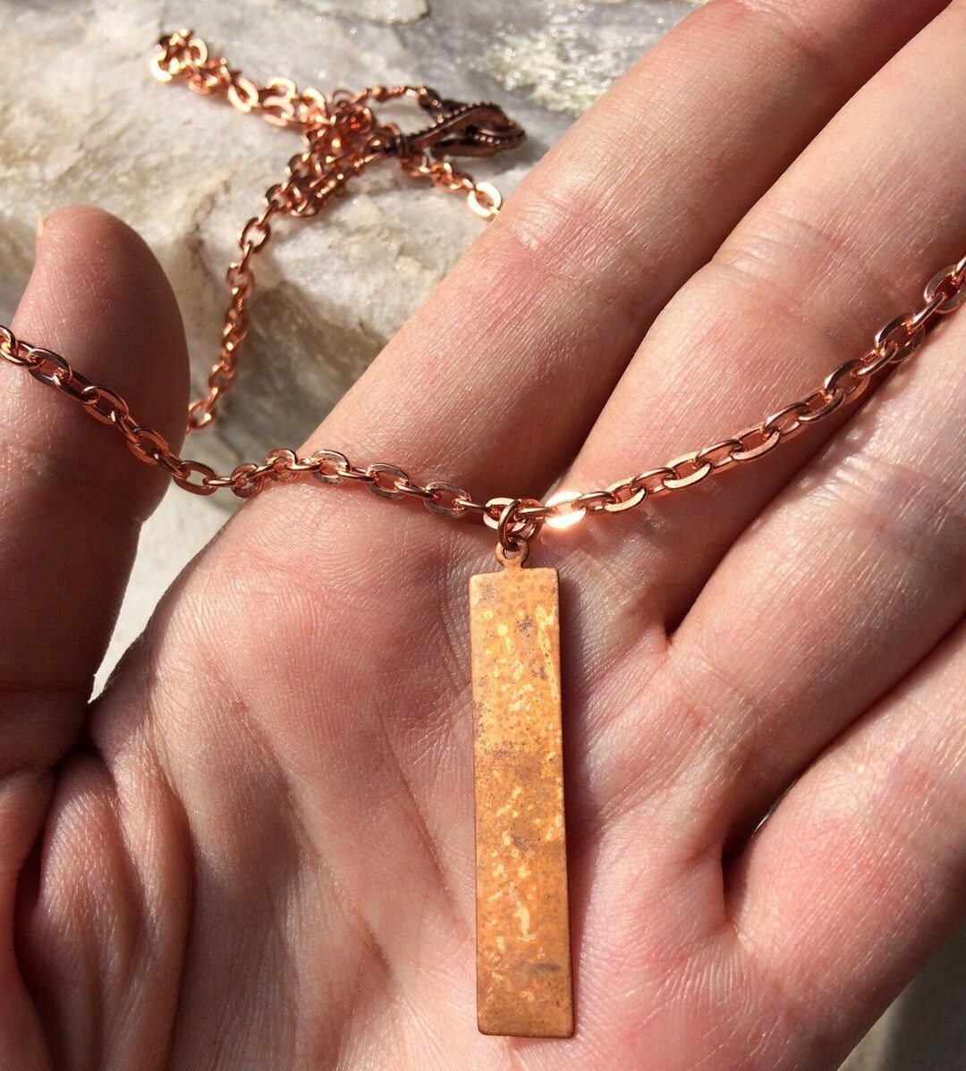 Solid Copper Necklace and Pendant Set, Distressed Copper Bar Pendant ...